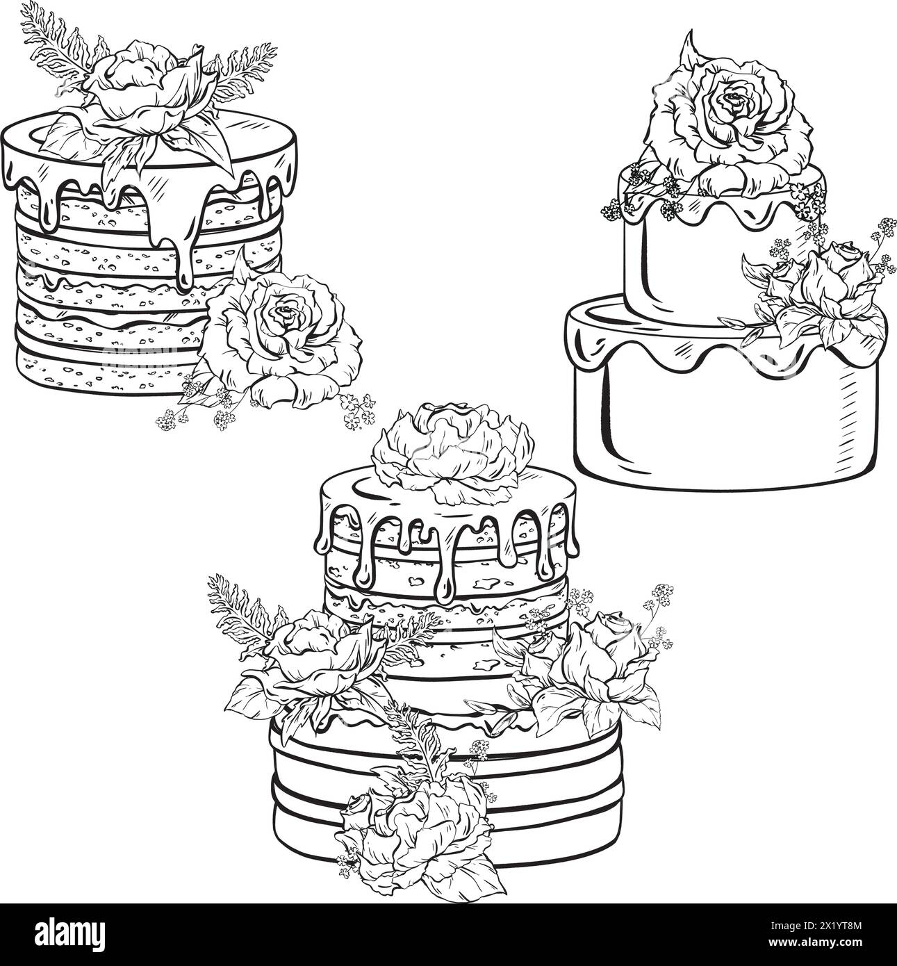 Monochrome illustration of three cakes adorned with flowers Stock ...