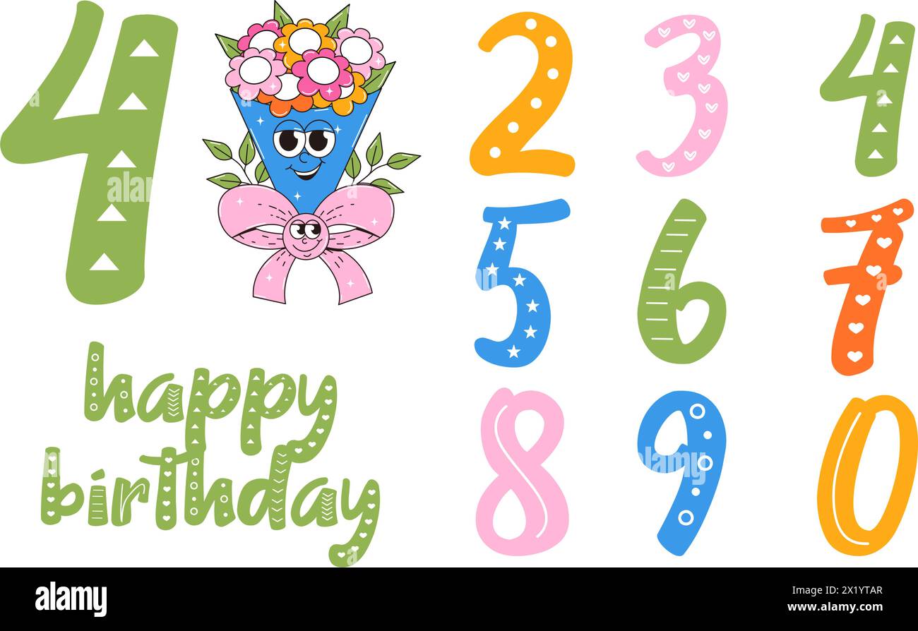Happy birthday banner in retro groovy style. Vintage walking character ...