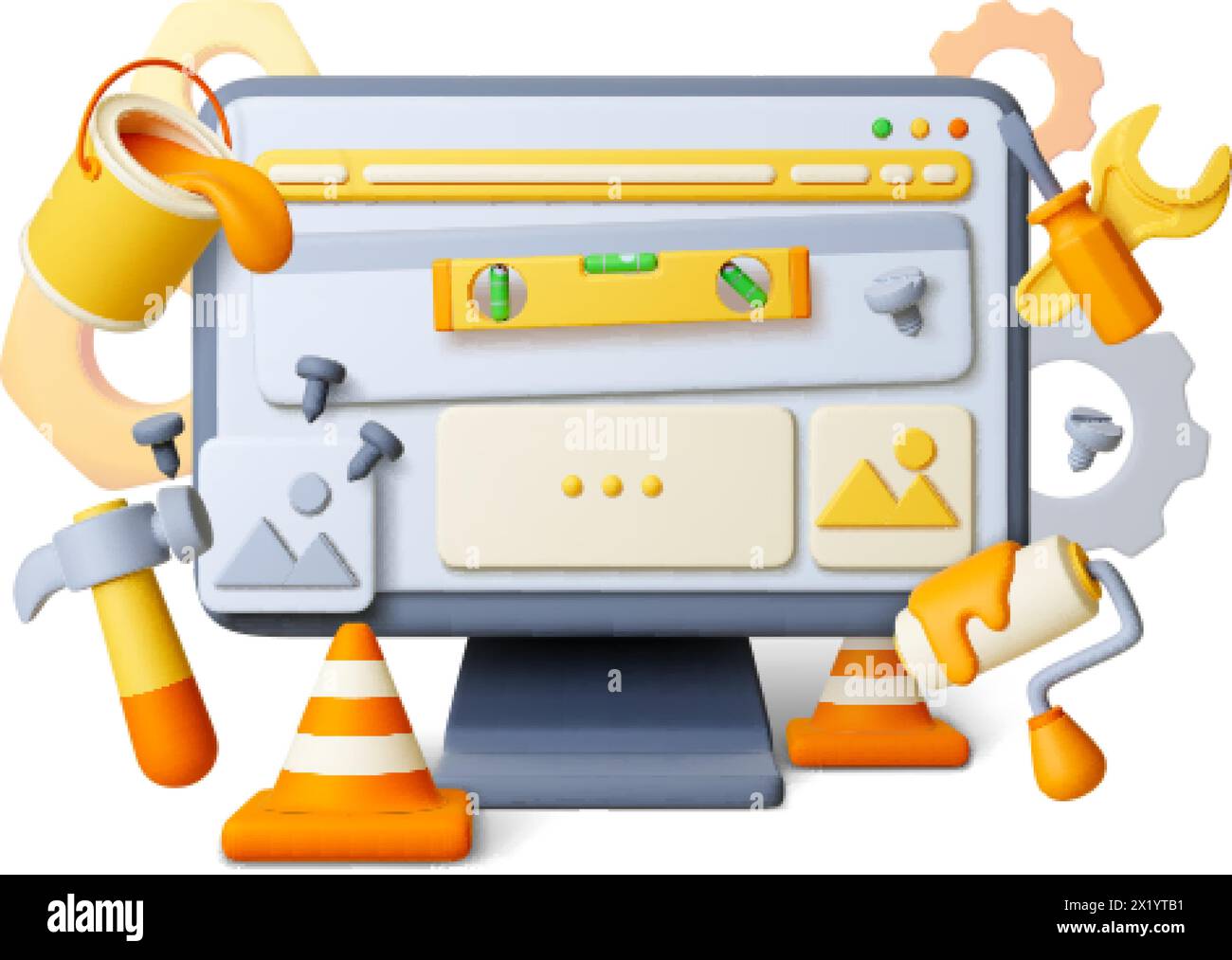 3d system update concept. Computer monitor and repair tools. Digital ...