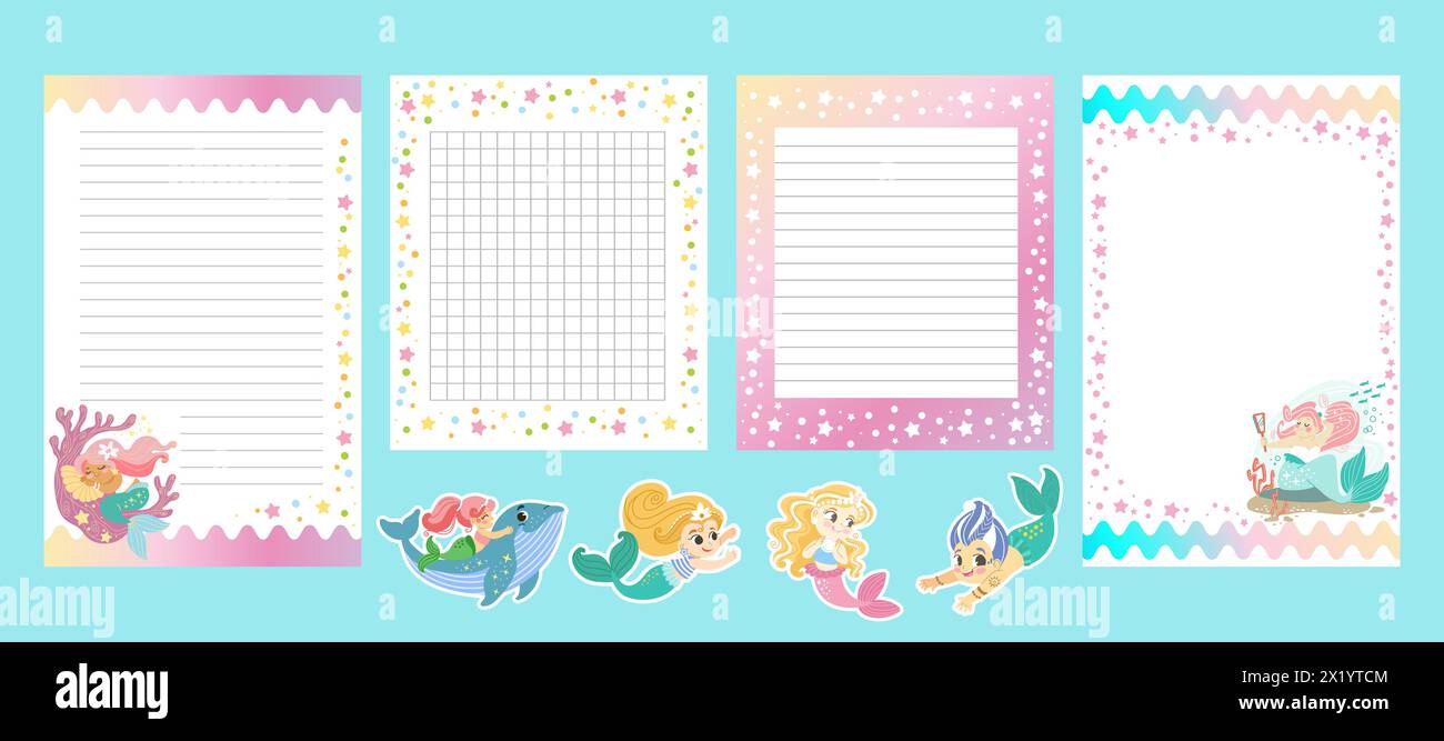 Planner set with mermaids. Kids schedule. Lined, checkered, empty pages ...