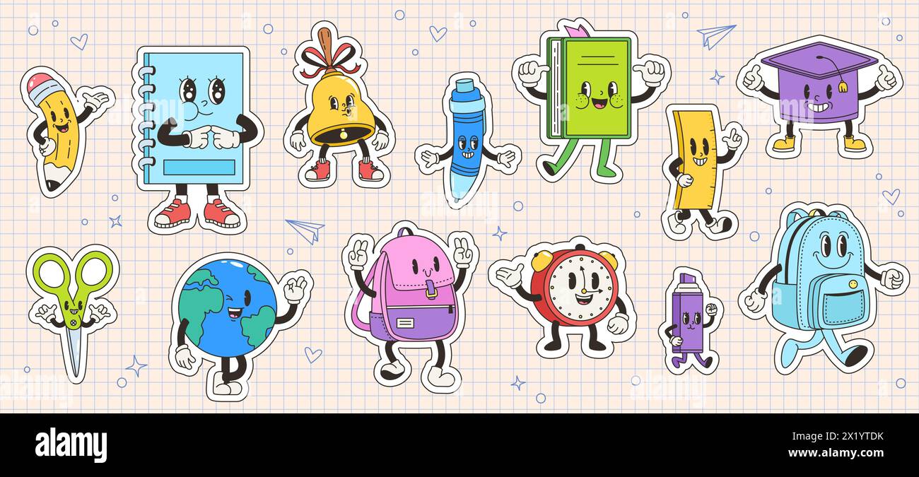 School stickers groovy style. Funky retro characters, emotional ...
