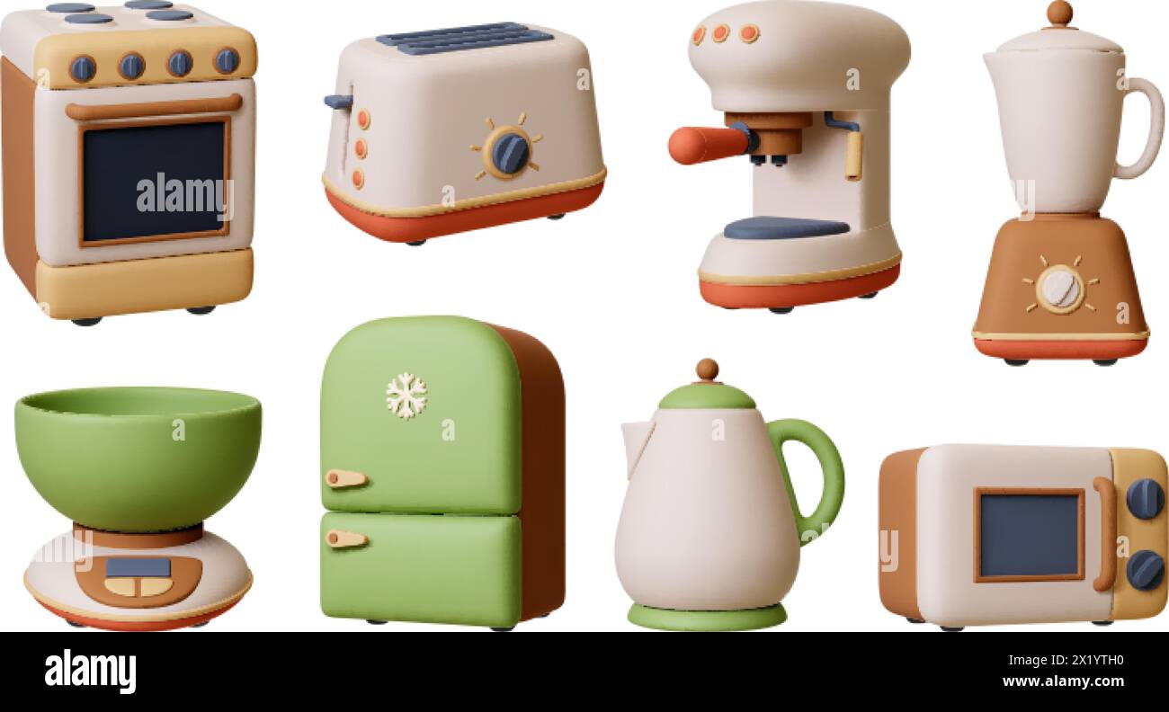 Kitchen 3d render appliances. Realistic stove, ingredients scale and ...