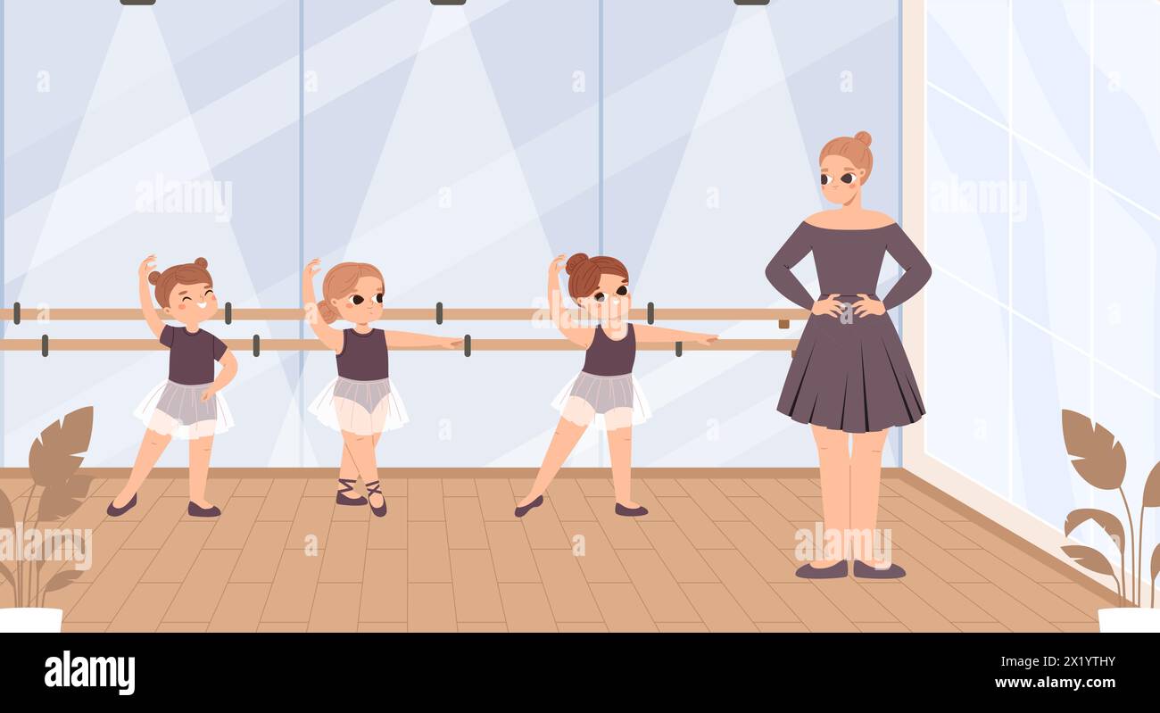 Ballet class. Little ballerinas with teacher on lesson. Classical dance ...