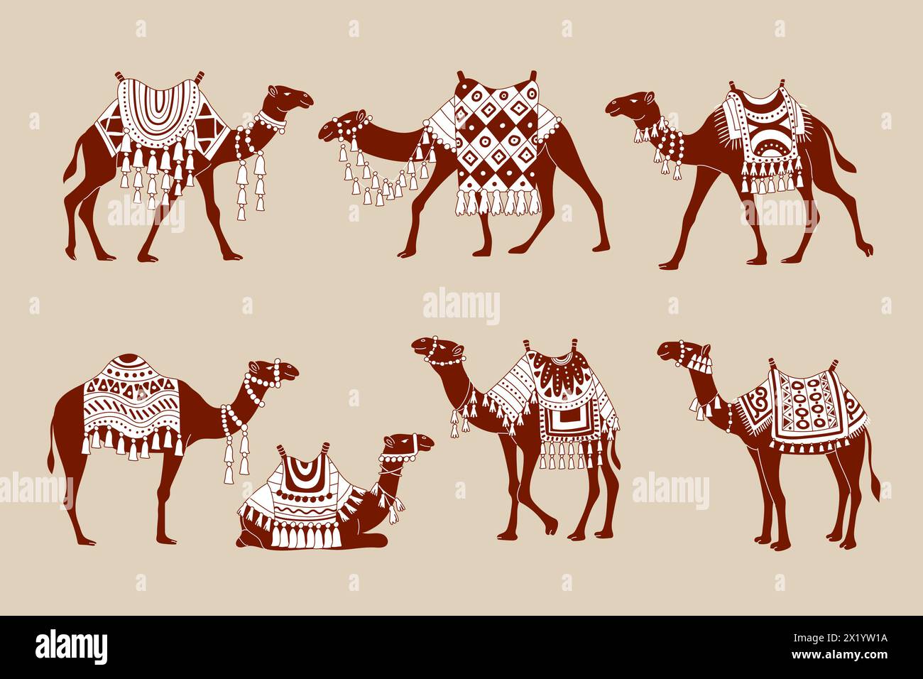 Camels. Stylized illustrations of domestic animals from hot countries ...
