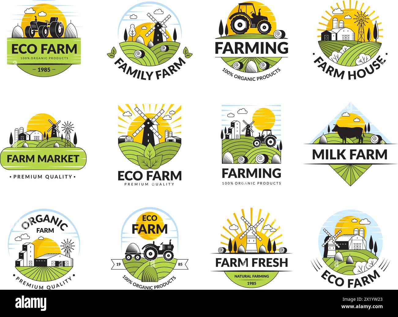 Farm badges. Agricultural labels collection with village houses and ... Farm badges. Agricultural labels collection with village houses and ...
