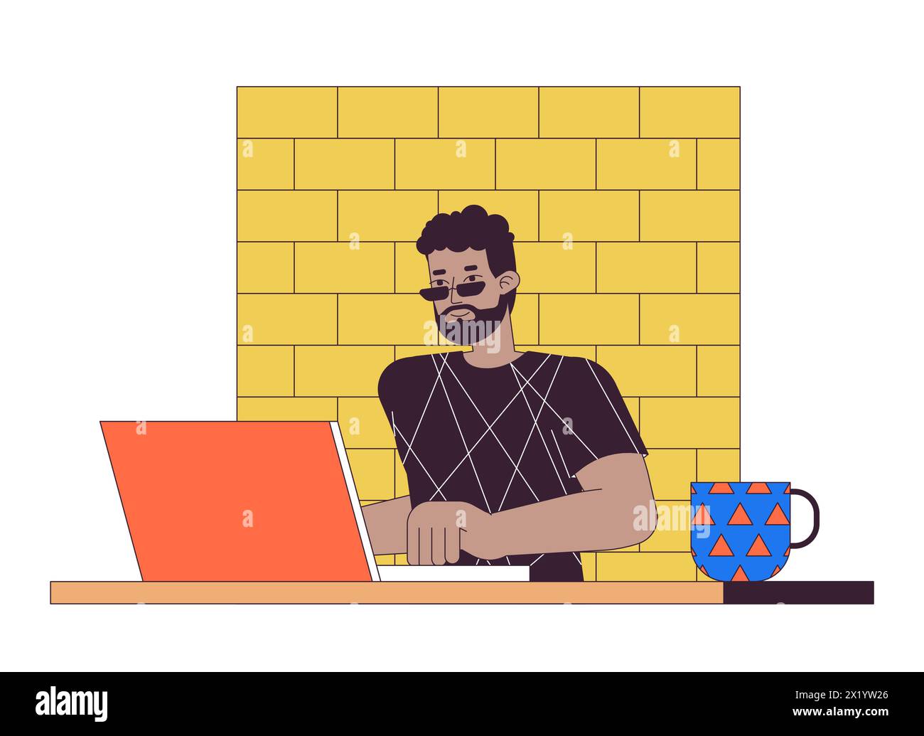 African american man working on laptop 2D linear cartoon character ...