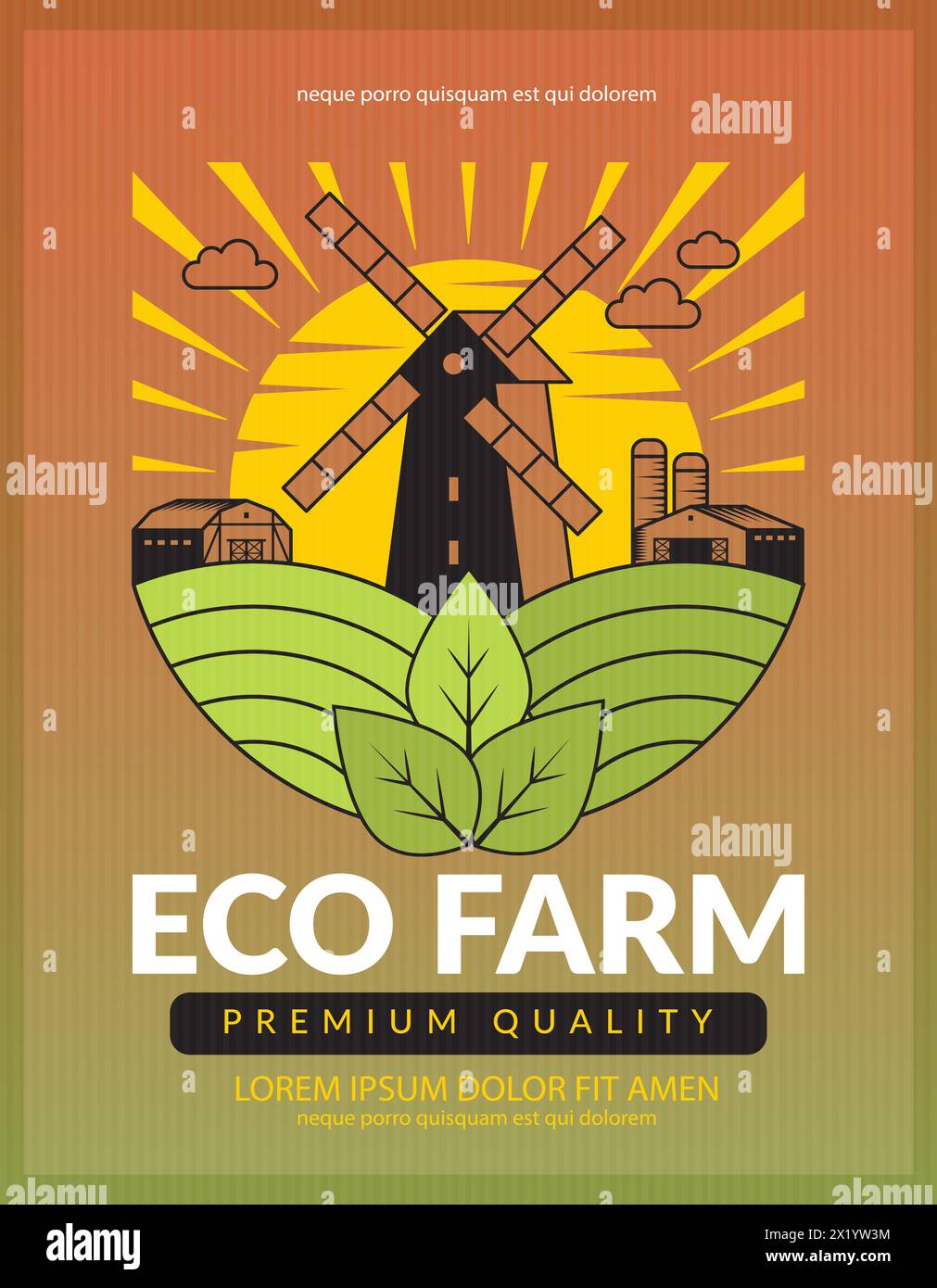 Eco farm poster placard with mill illustration green field outdoor ...