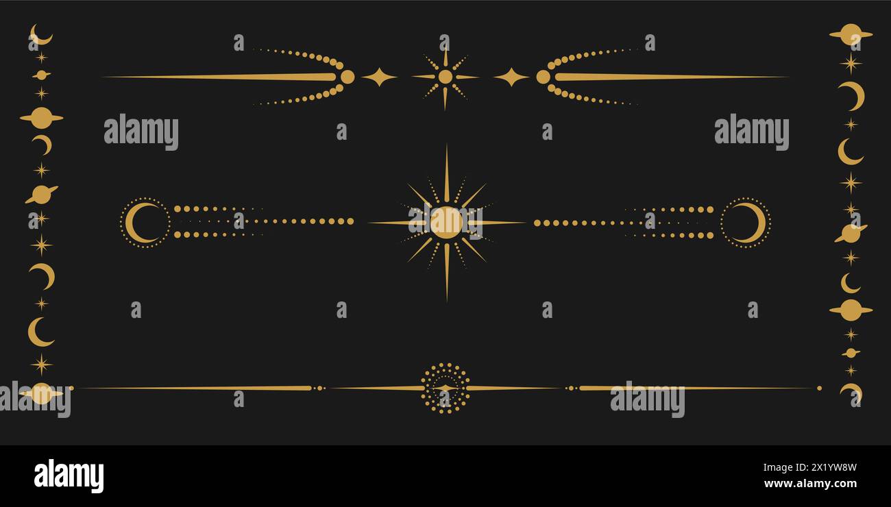 Vector celestial golden border set with stars, moon phases, crescents ...