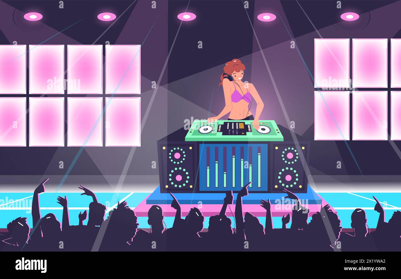 Dj girl. Female disc jockey sampling on turntable console music ...