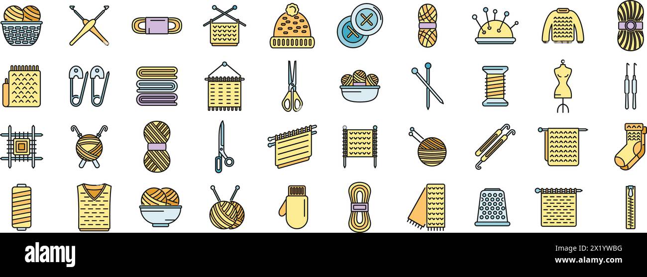 Knitting icons set outline vector. Crochet yarn. Hand made thin line ...