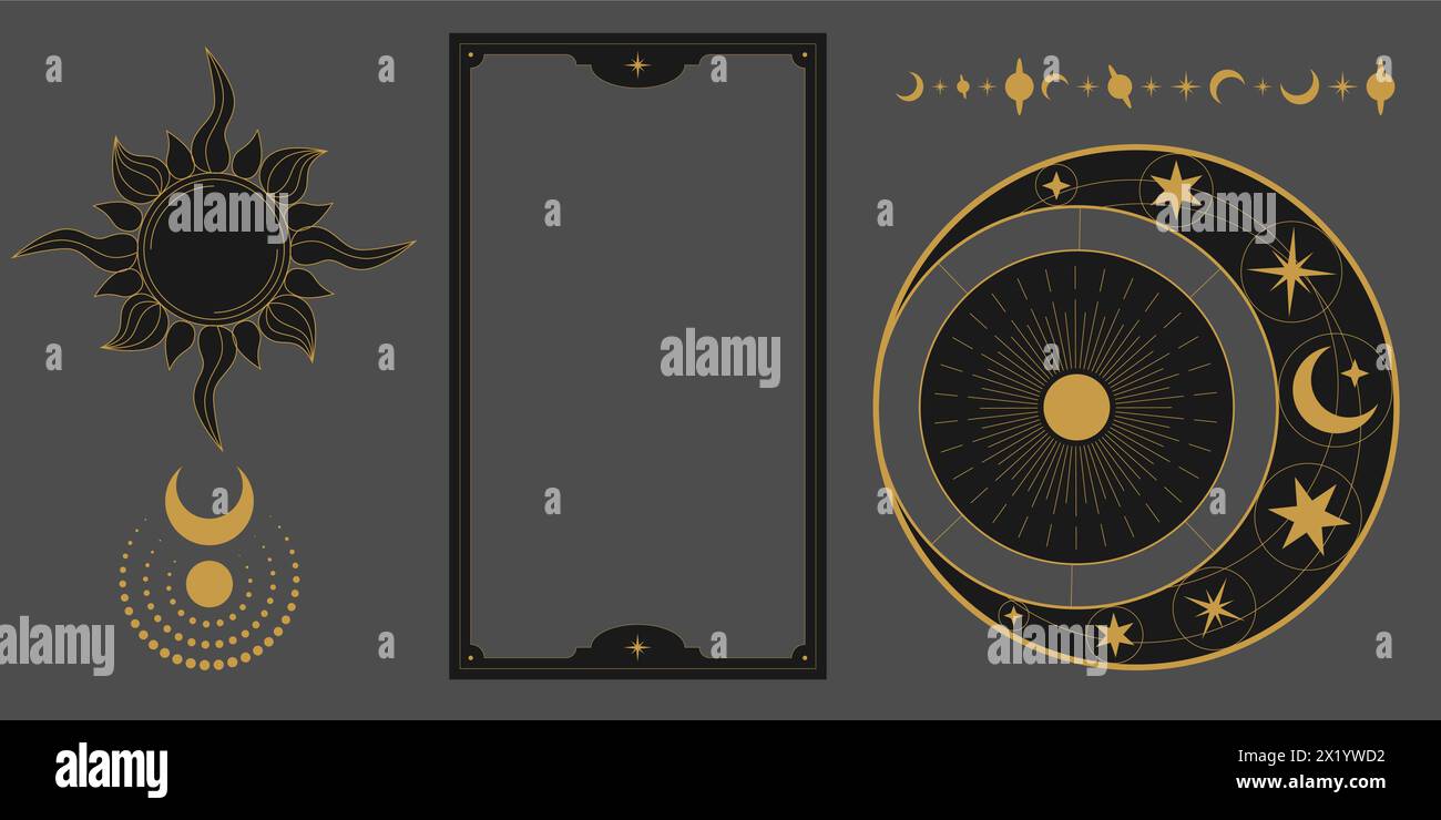Vector mystic celestial set a with golden outline sun, stars, crescents ...