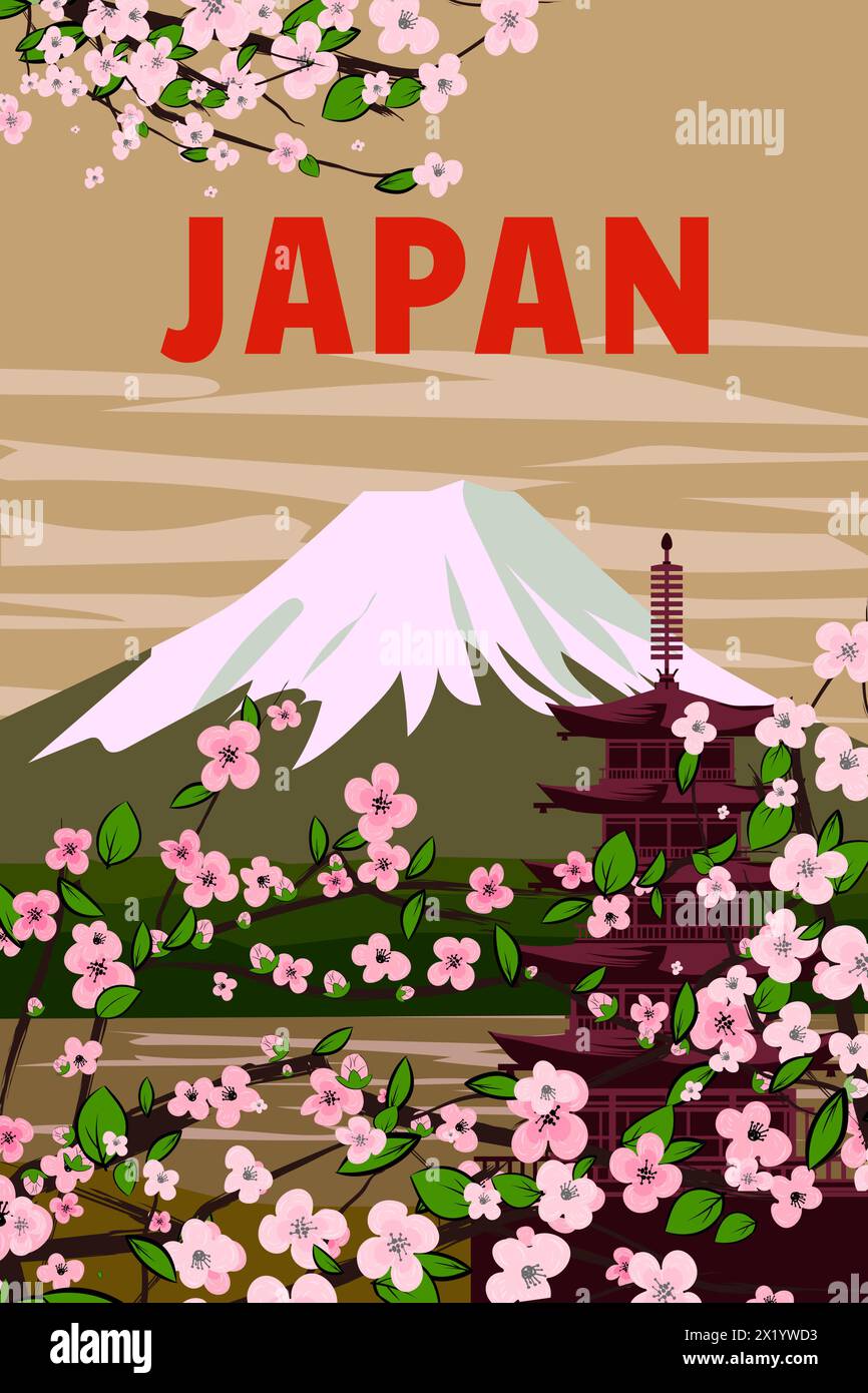 Poster mountain Japan Fuji travel vintage Stock Vector Image & Art - Alamy