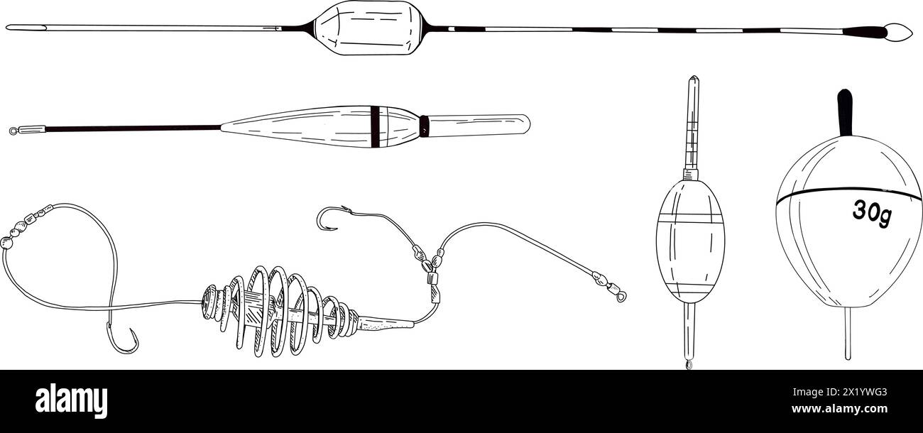 Fishing float bobber feeder vector illustration tackle set. Bait minnow ...