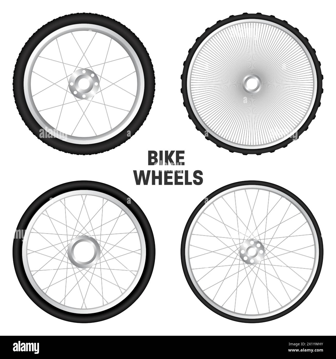 Realistic 3d bicycle wheels. Bike rubber tyres, shiny metal spokes and ...