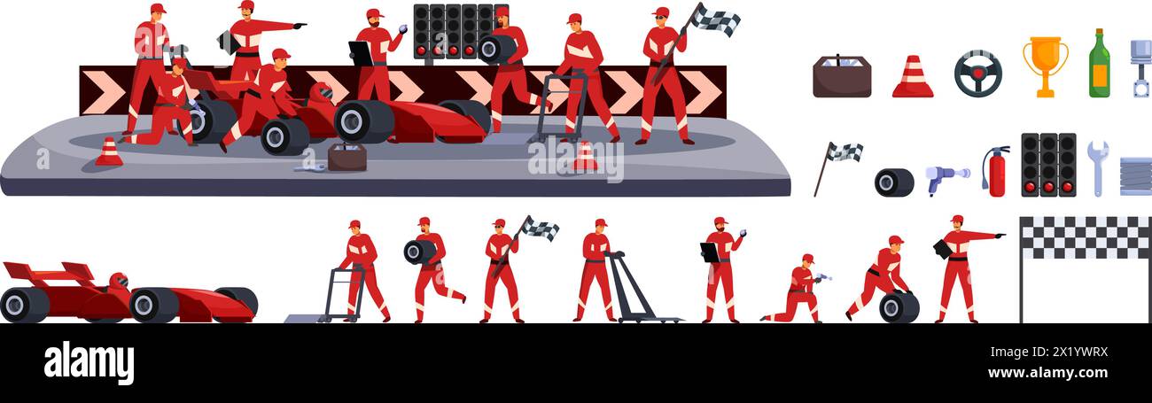 Racing car pit stop icons set cartoon vector. Crew performing. Fast ...