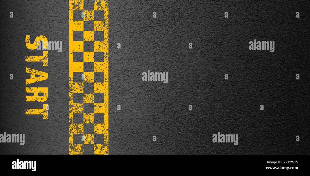Asphalt road with yellow start line marking, concrete highway surface ...