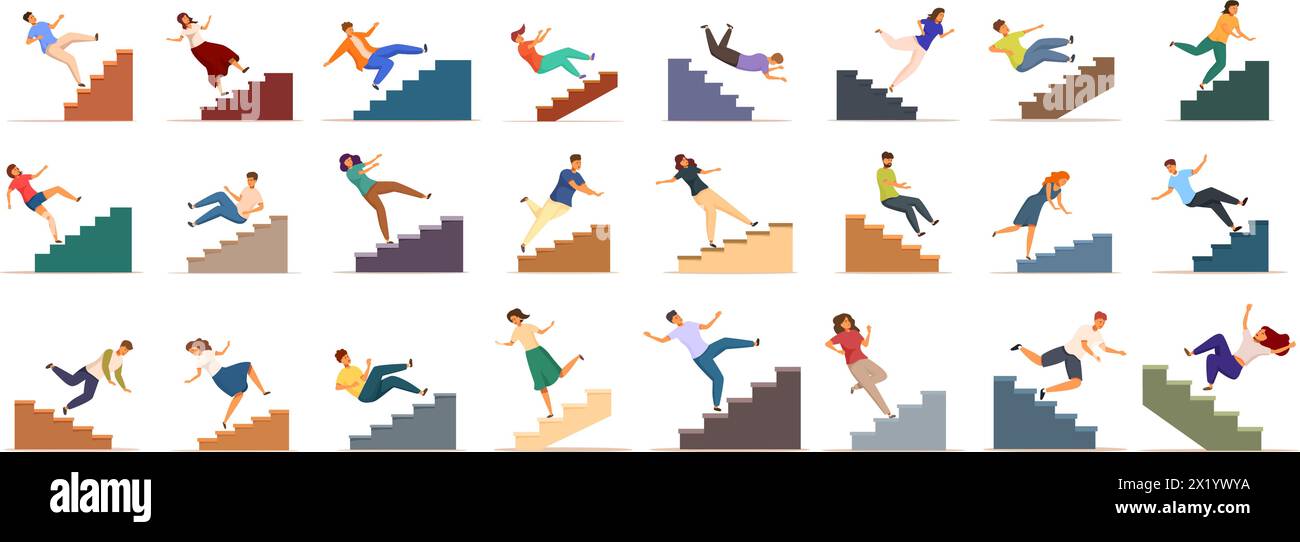 People falling down stairs icons set cartoon vector. Health insurance ...