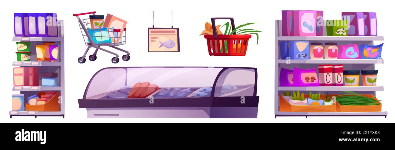 Grocery store aisle interior inside vector cartoon. Supermarket shelf ...