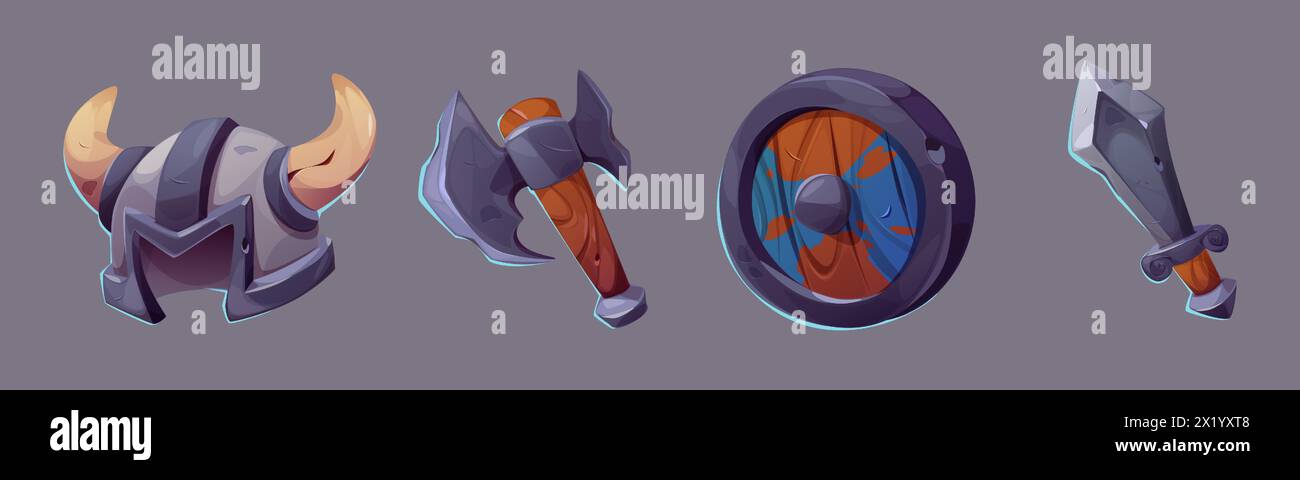 Viking game assets set isolated on background. Vector cartoon illustration of metal helmet with ...