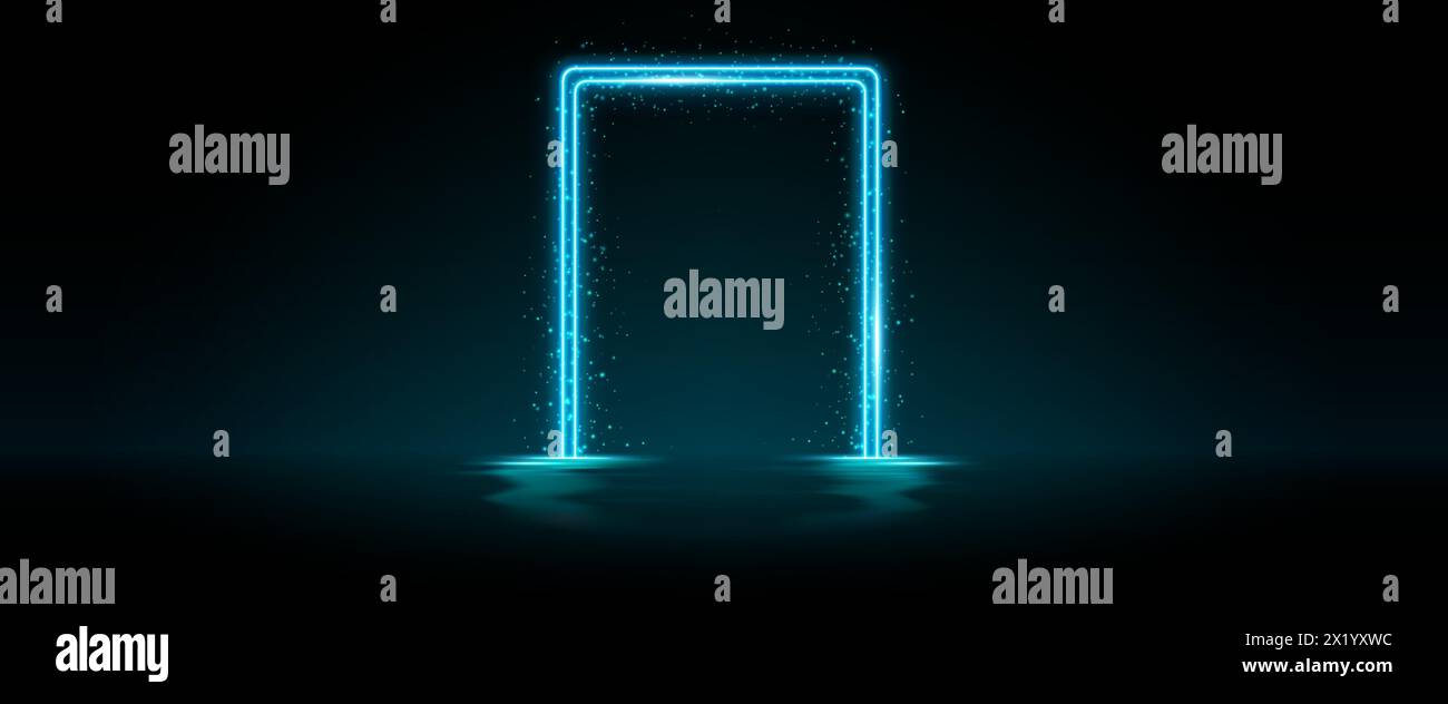 Blue neon door frame with sparkles and reflections on water surface ...