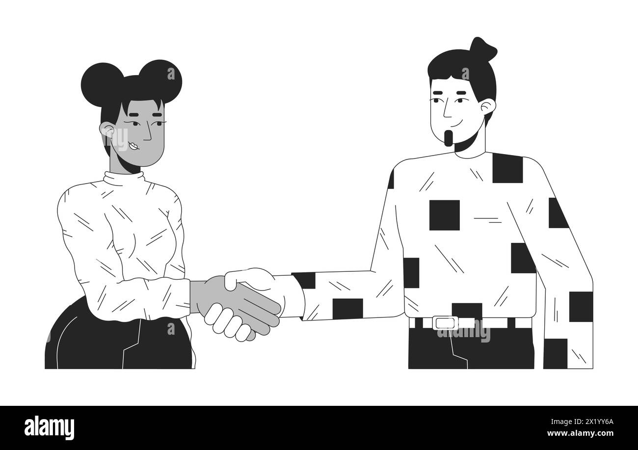 Man and woman handshake black and white 2D line cartoon characters ...