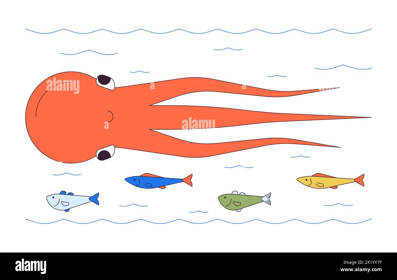 Octopus swimming with fish school 2D linear cartoon characters Stock ...