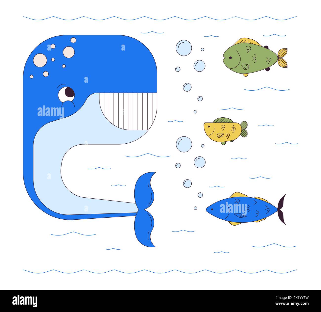 Happy whale with fishes underwater 2D linear cartoon characters Stock ...