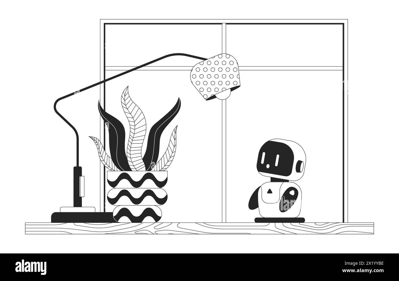 Small companion robot on desk office black and white cartoon flat ...