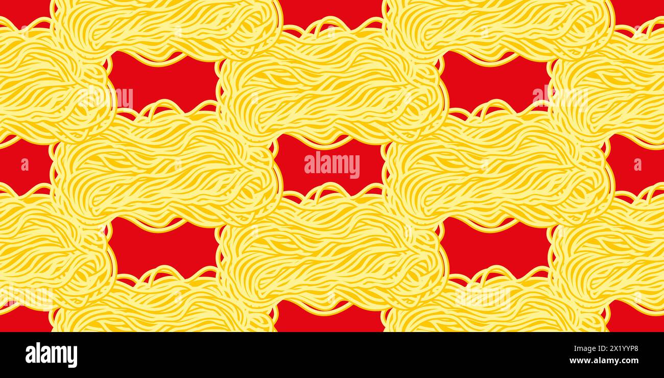 Yellow ramen noodles, spaghetti on a red background. Seamless pattern ...