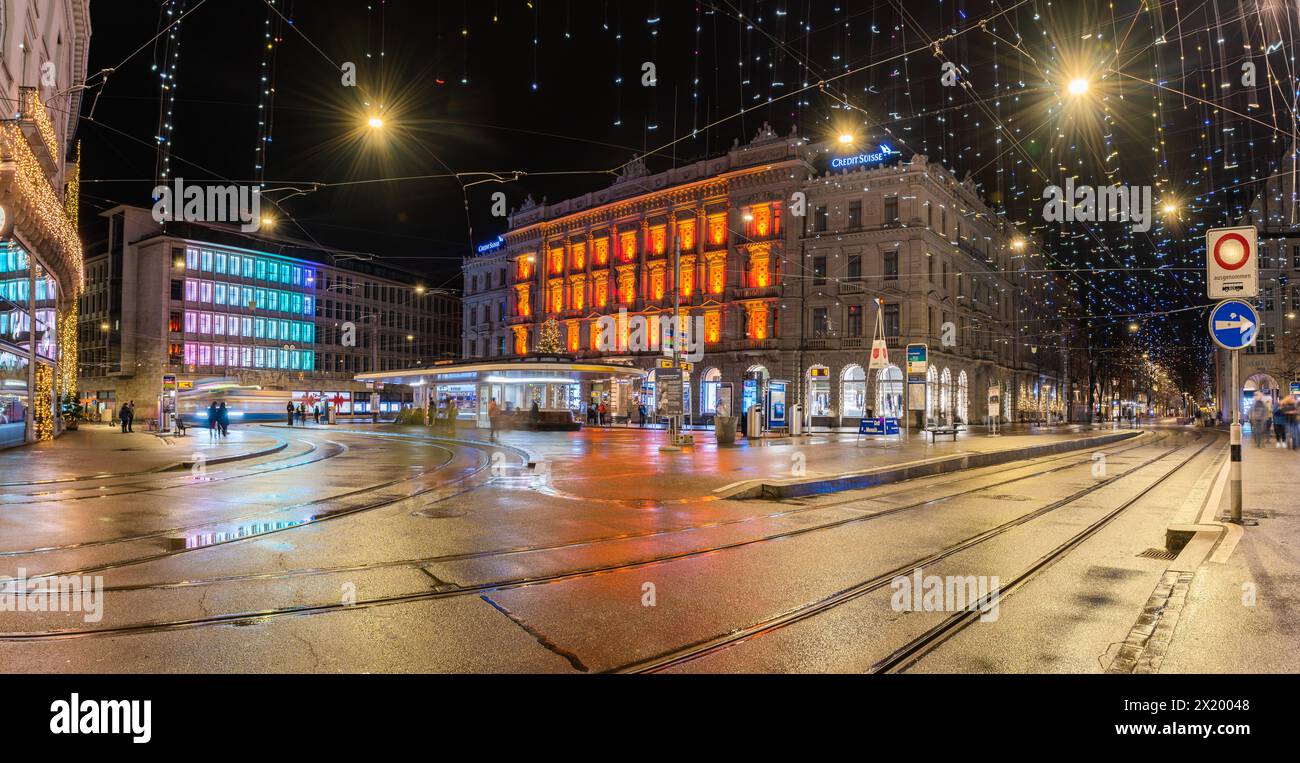 Zurich Paradeplatz with Christmas lights; Zurich, Switzerland Stock ...