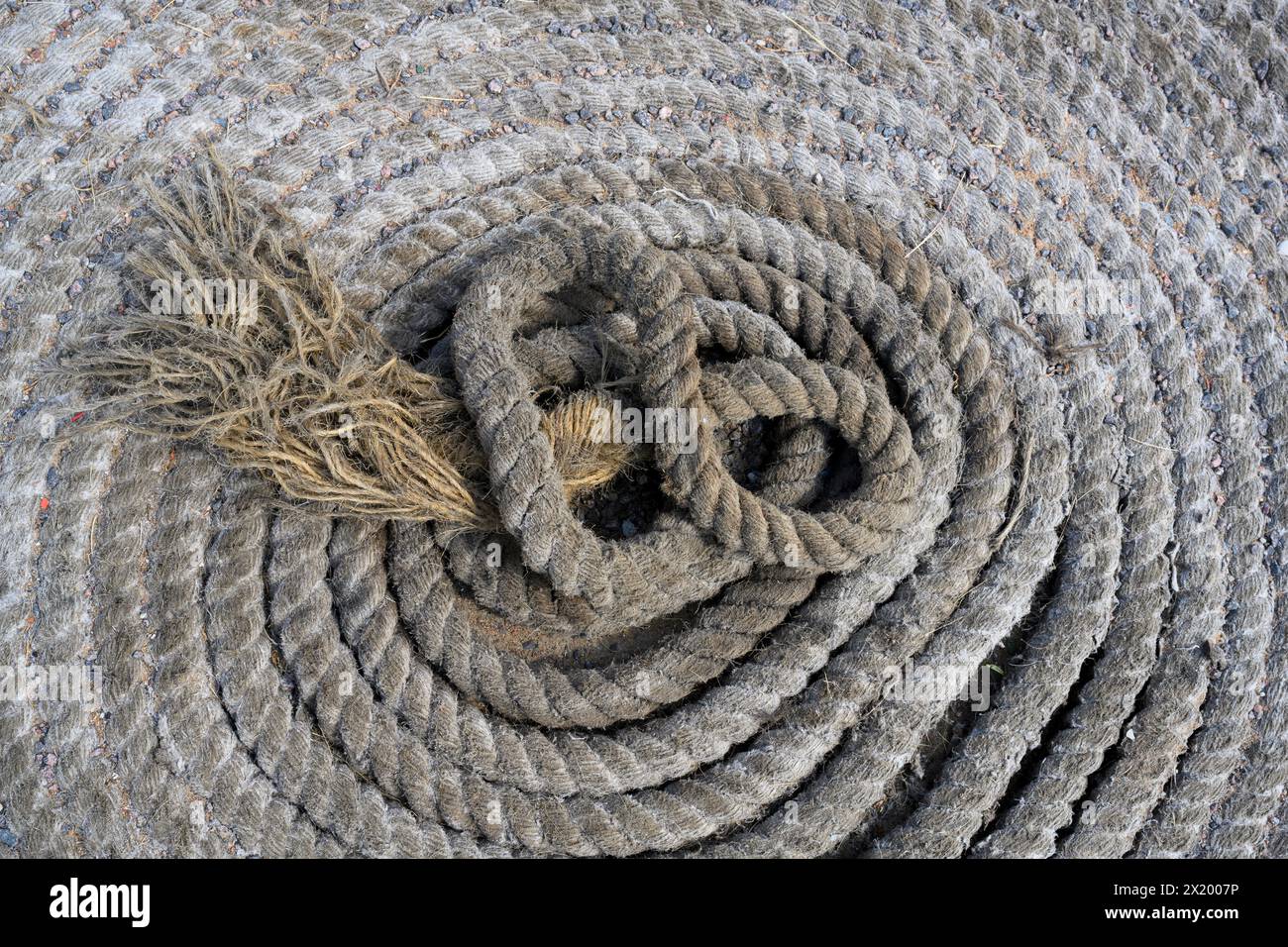 A close-up view of an old sea rope coiled in a spiral with a knot at ...