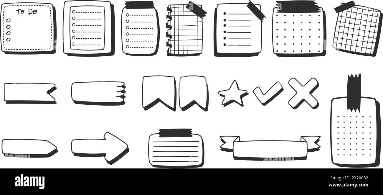 Paper sheets sticker collection in comics style, doodle black and white ...