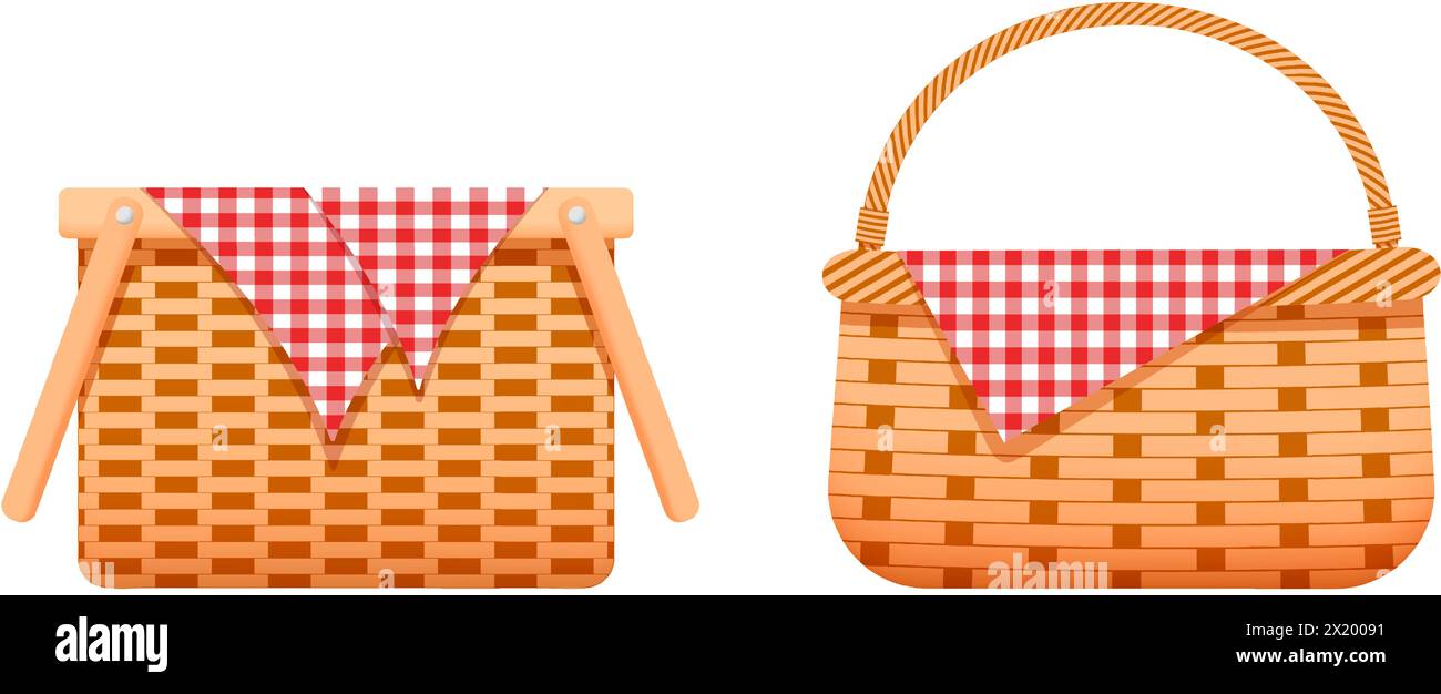 Empty wicker picnic baskets with checkered cotton or linen napkins ...