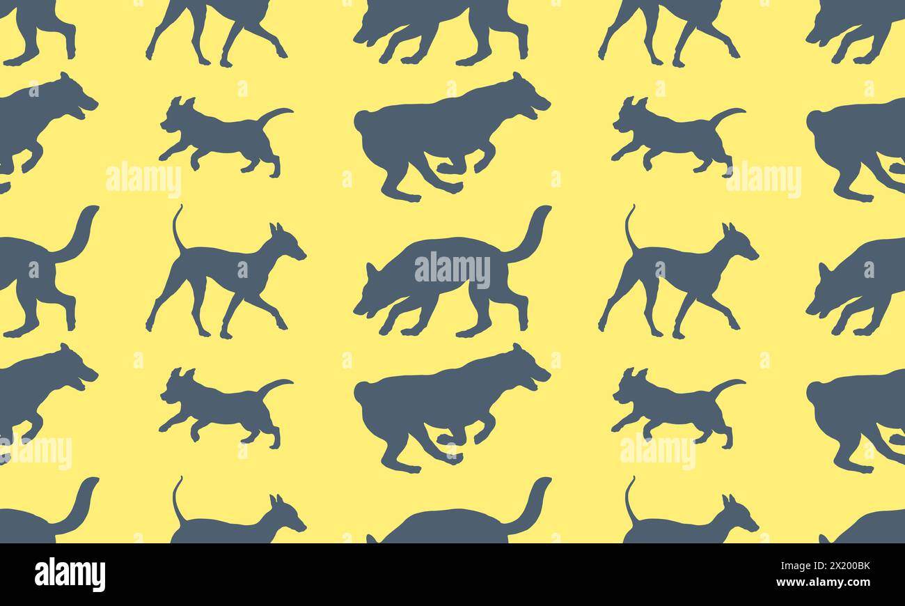 Seamless pattern. Different dogs in various poses. Isolated on a yellow ...
