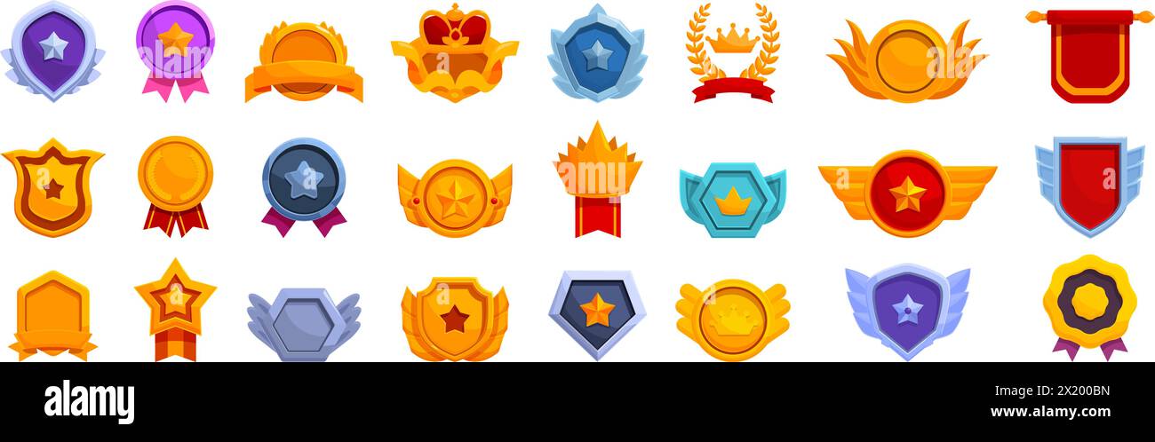 Royal trophy medal icons set cartoon vector. Shape badge. Star level ...