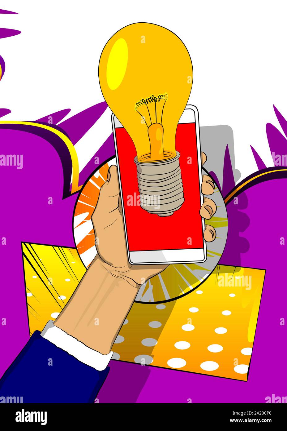 Cartoon Smartphone, comic book Telephone with Light Bulb. Retro vector ...