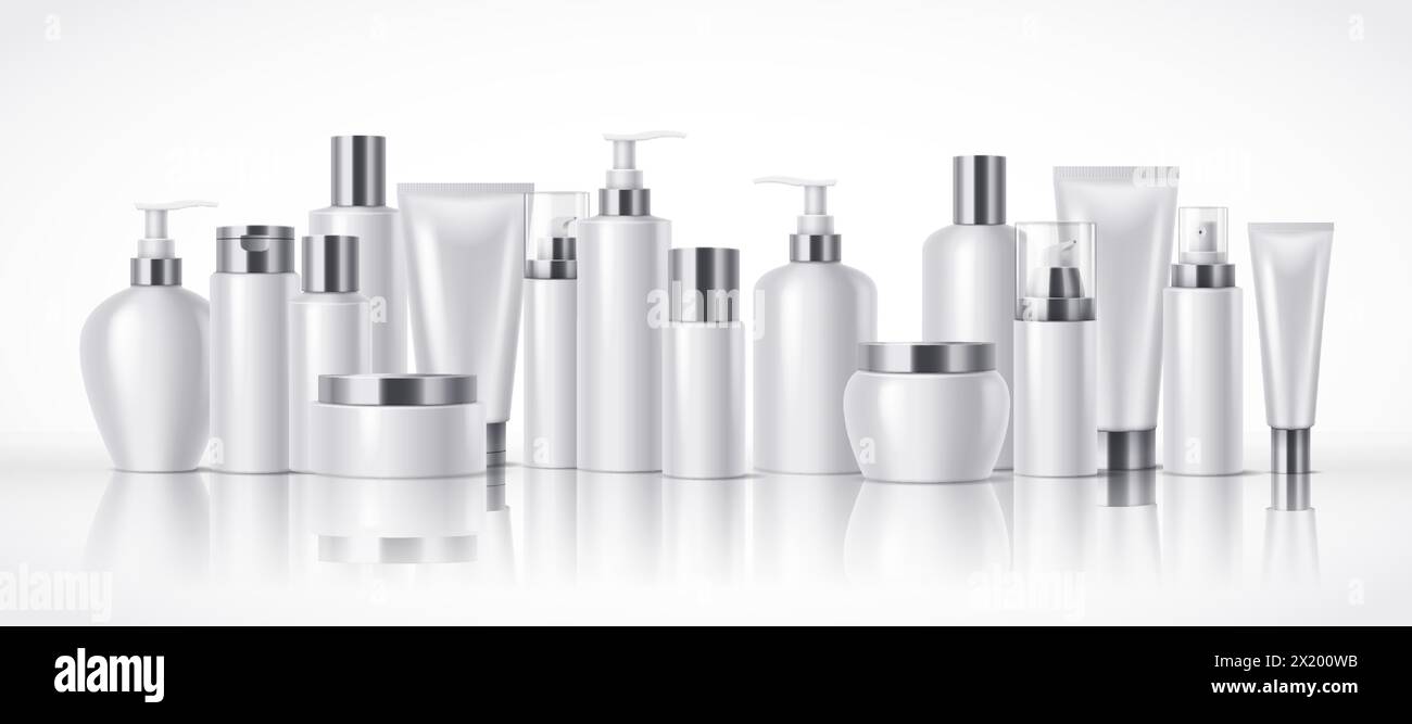 Cosmetic products containers with silver caps realistic vector ...