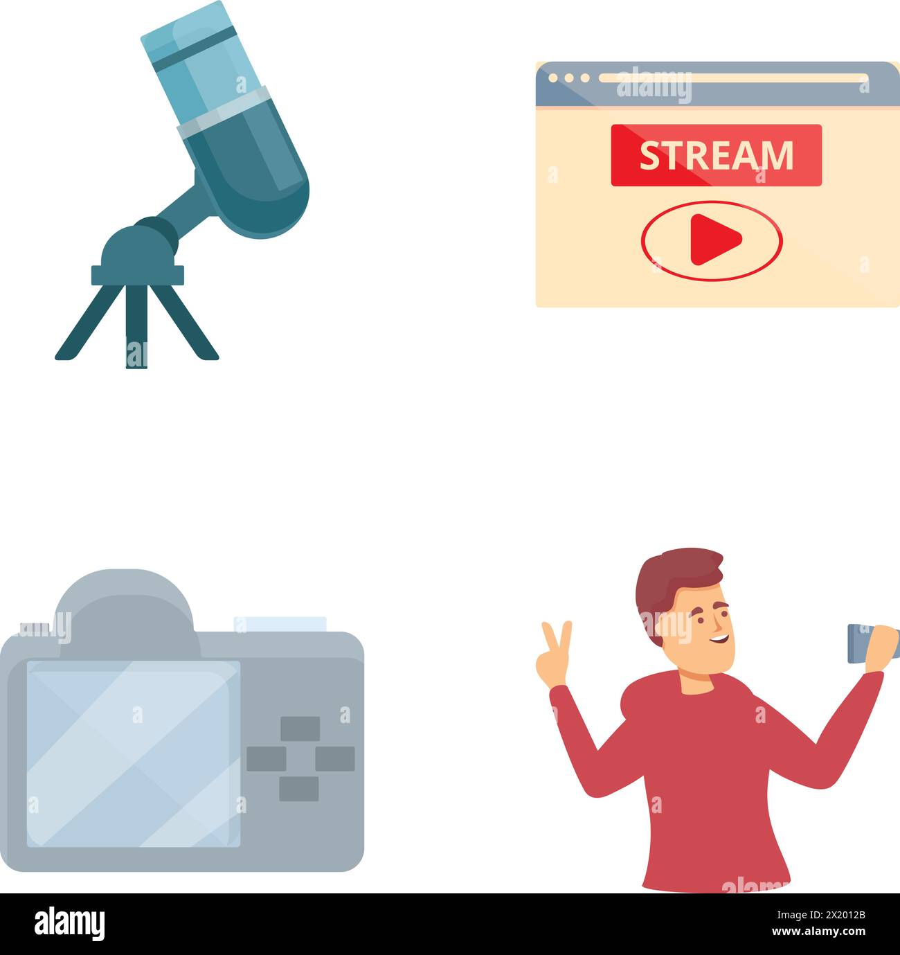 Video streaming icons set cartoon vector. Blogger live streaming on ...
