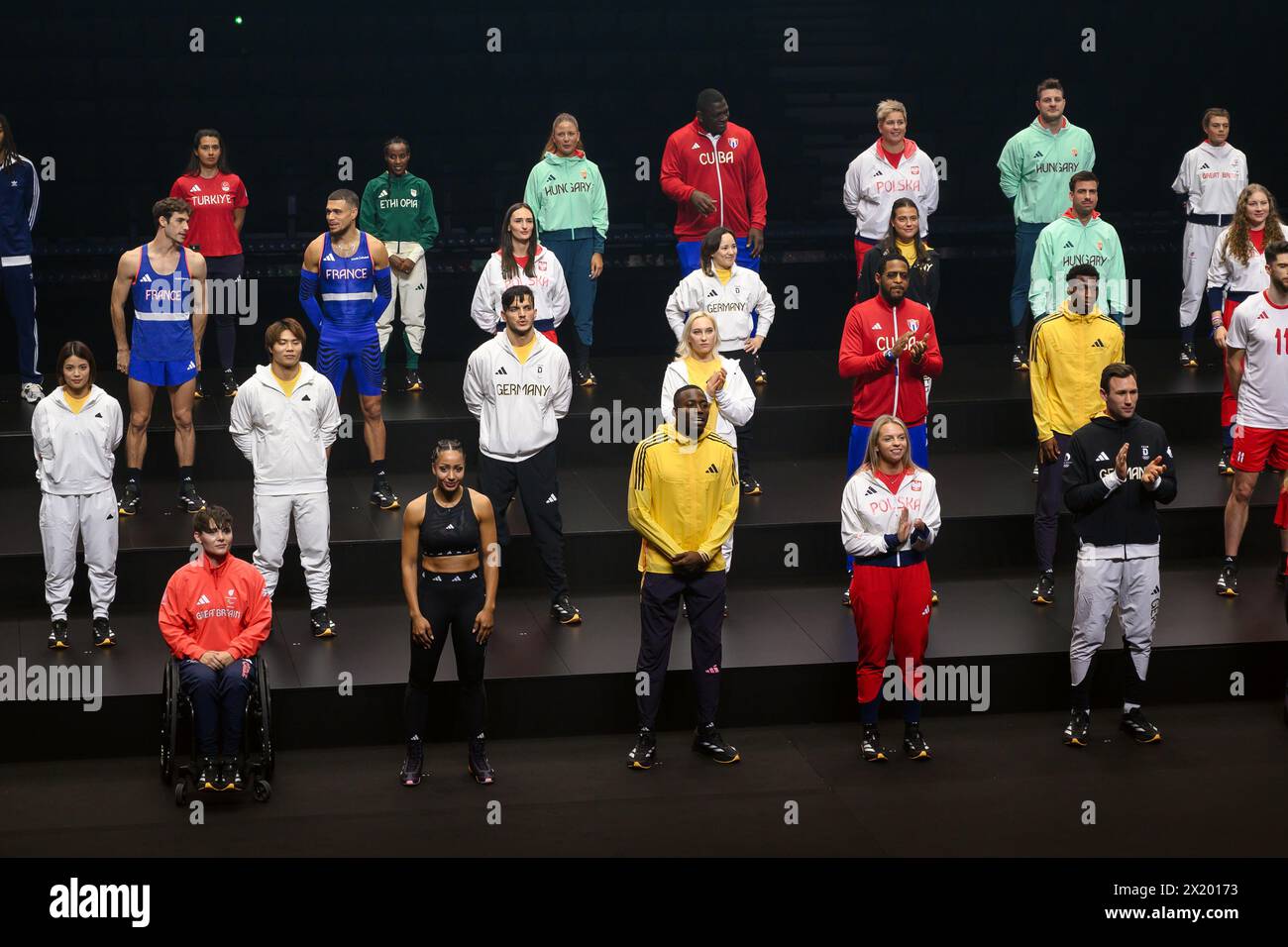 Paris, France. 18th Apr, 2024. Athletes pose during an Adidas ...