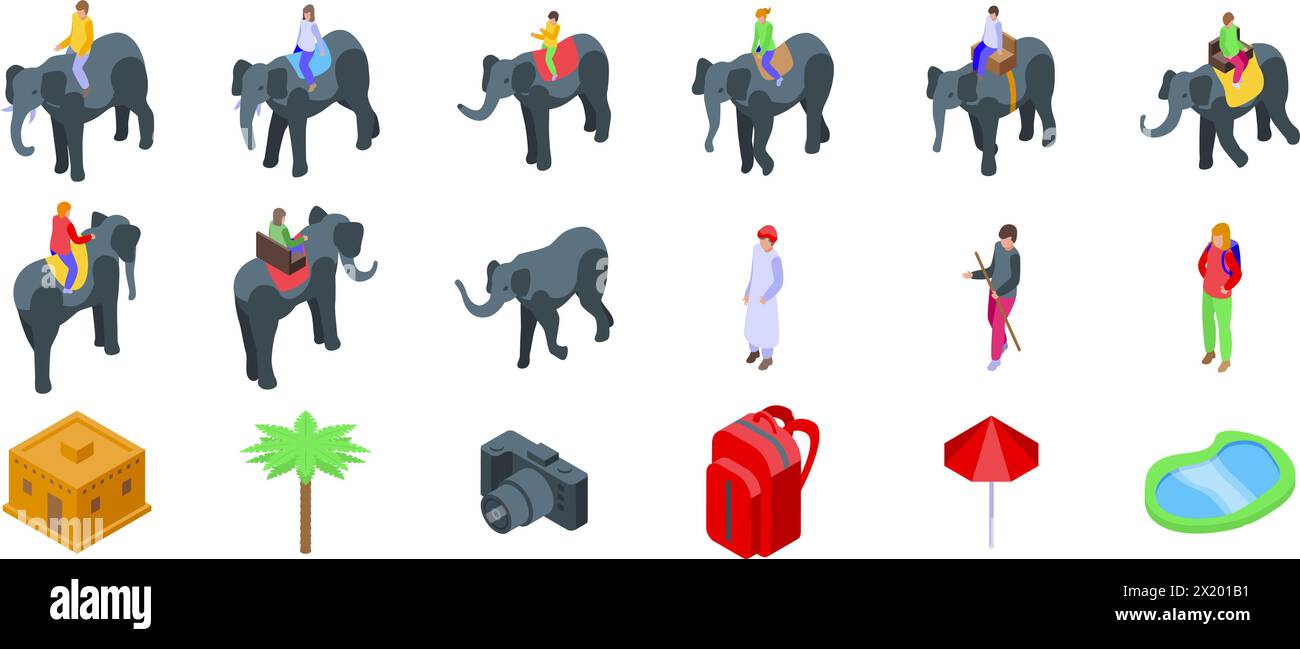 Elephant rides icons set isometric vector. Indian boy. Sitting travel ...