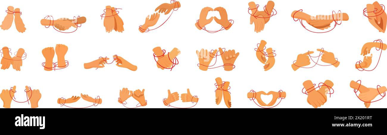 Hands tied red thread icons set cartoon vector. Female wrist. String ...