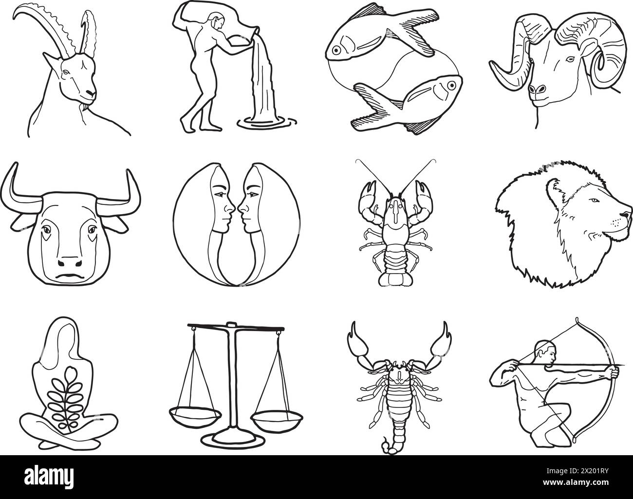 Zodiac sign collection redesigned as a set with white and black lines ...