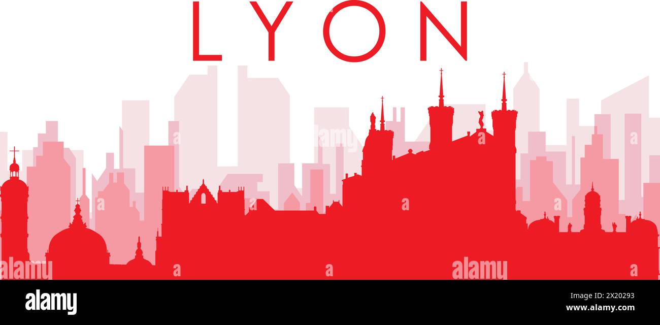 Red panoramic city skyline poster of LYON, FRANCE Stock Vector Image ...