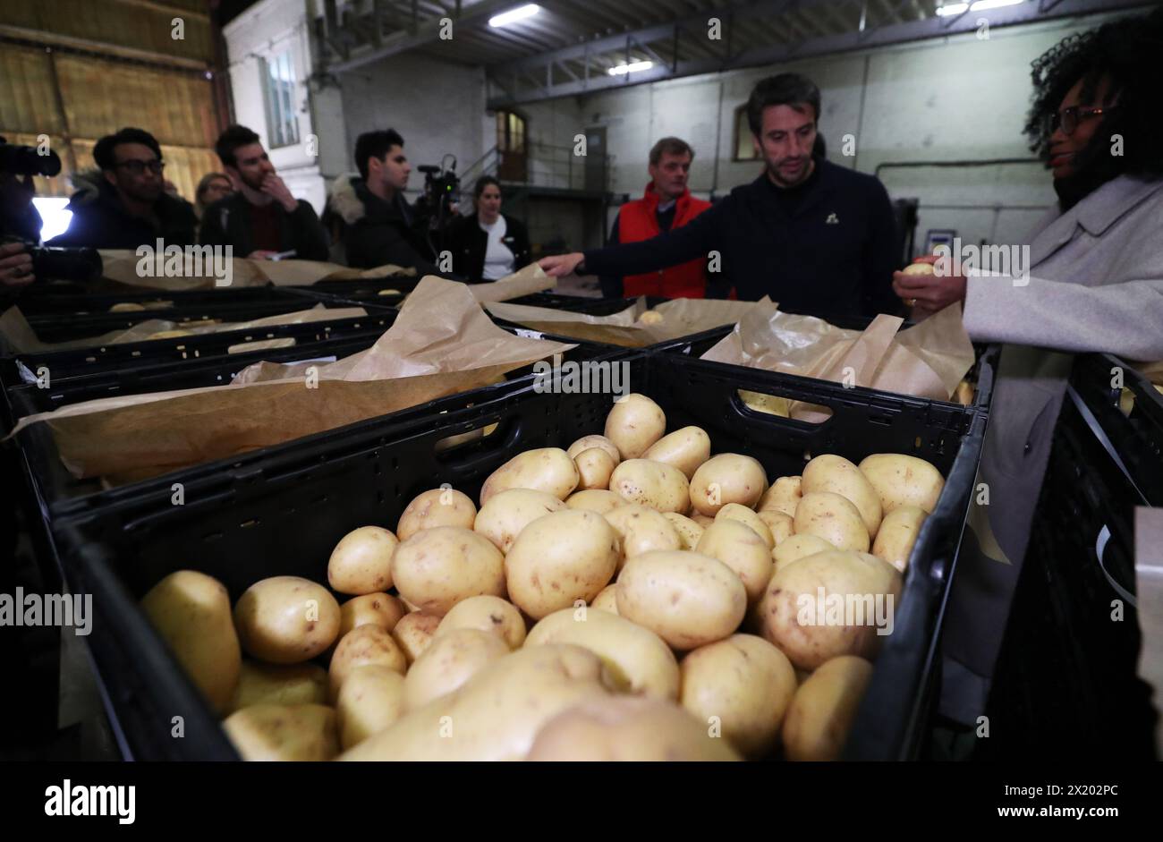 Paris, France. 18th Apr, 2024. Potatoes are seen during a visit to the ...
