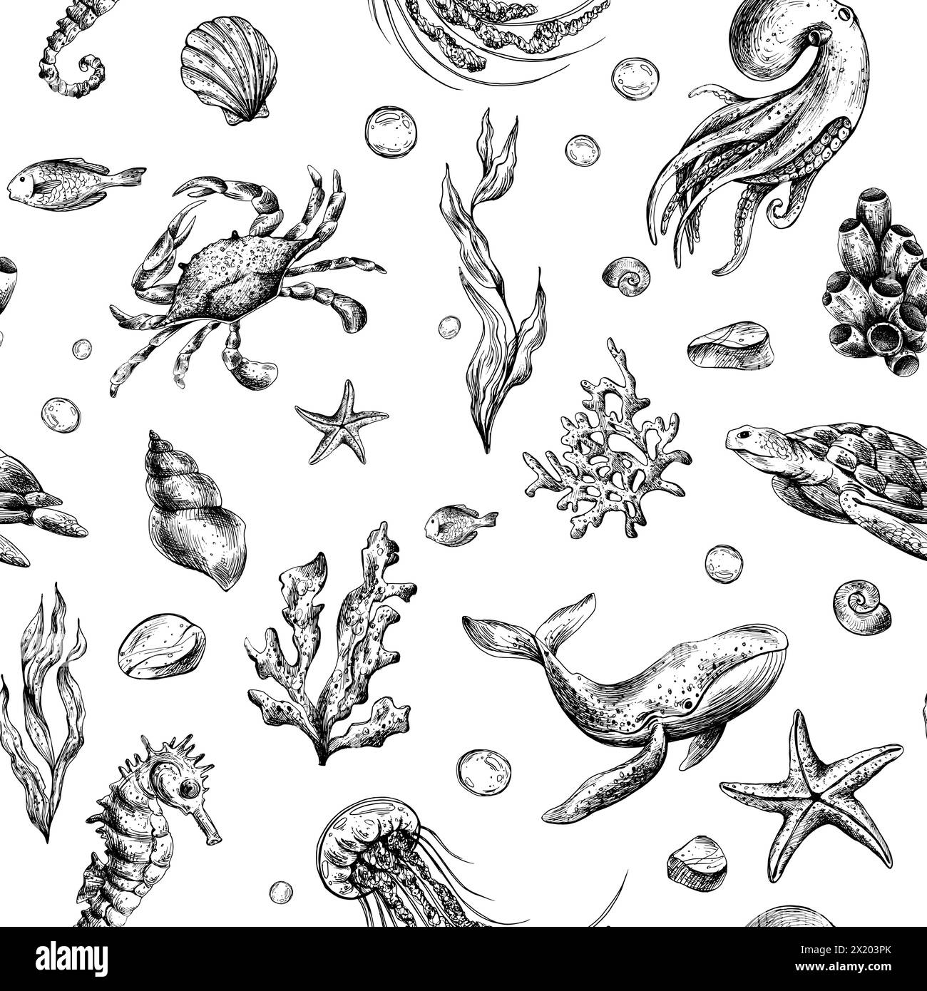 Underwater world clipart with sea animals whale, turtle, octopus ...