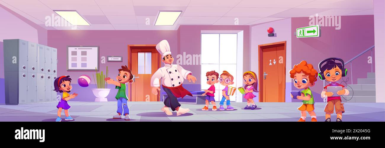 School hallway interior with kids and chef vector. Corridor with door ...