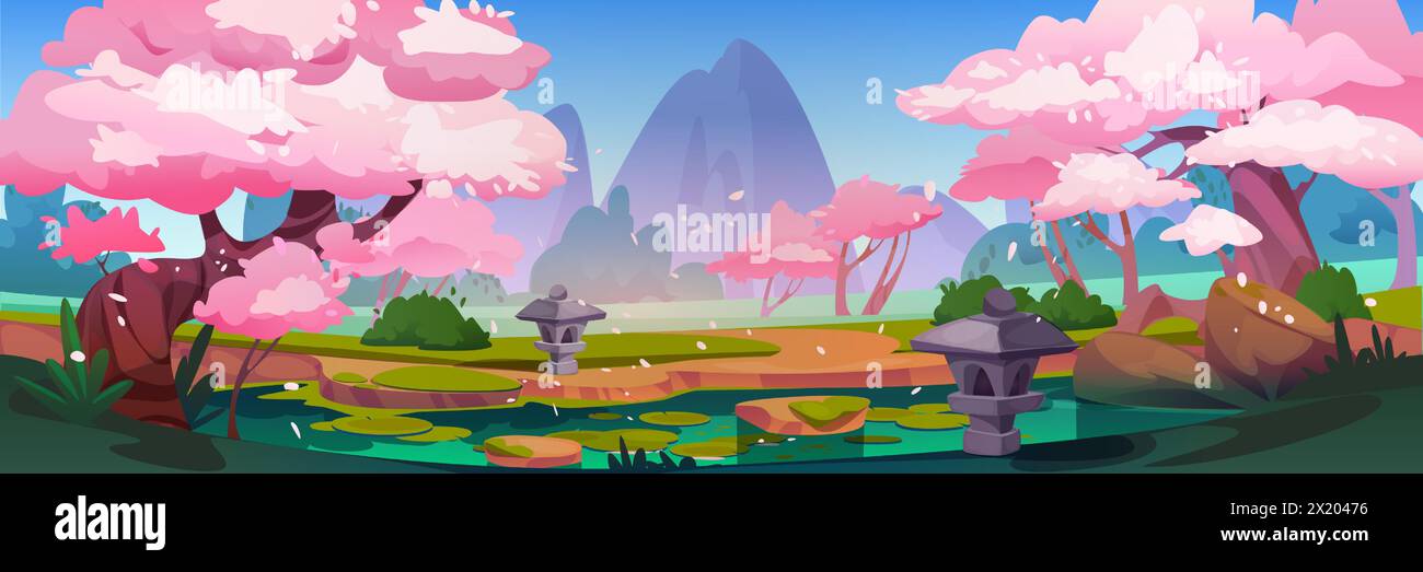 Japan forest with pond and flower garden in spring cartoon background ...