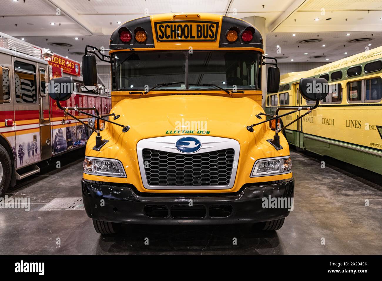 New York City, USA - March 27, 2024: Blue Bird Vision electric yellow ...