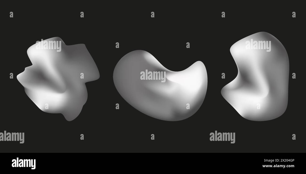 3D shapes in Y2k style metal element. Dark background. Set for banner ...