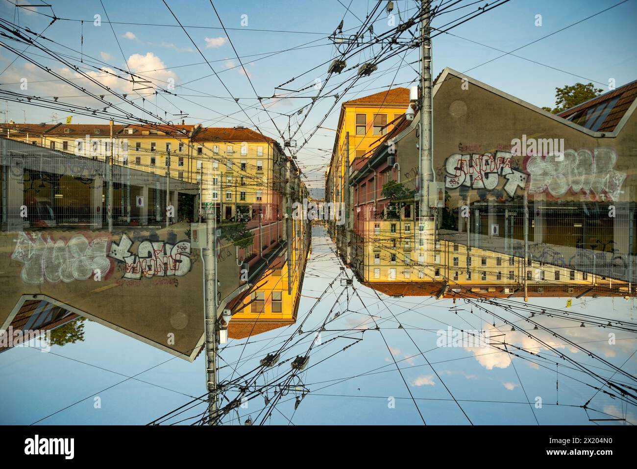 Double exposure of the trolley bus ranging station and it's powerlines ...